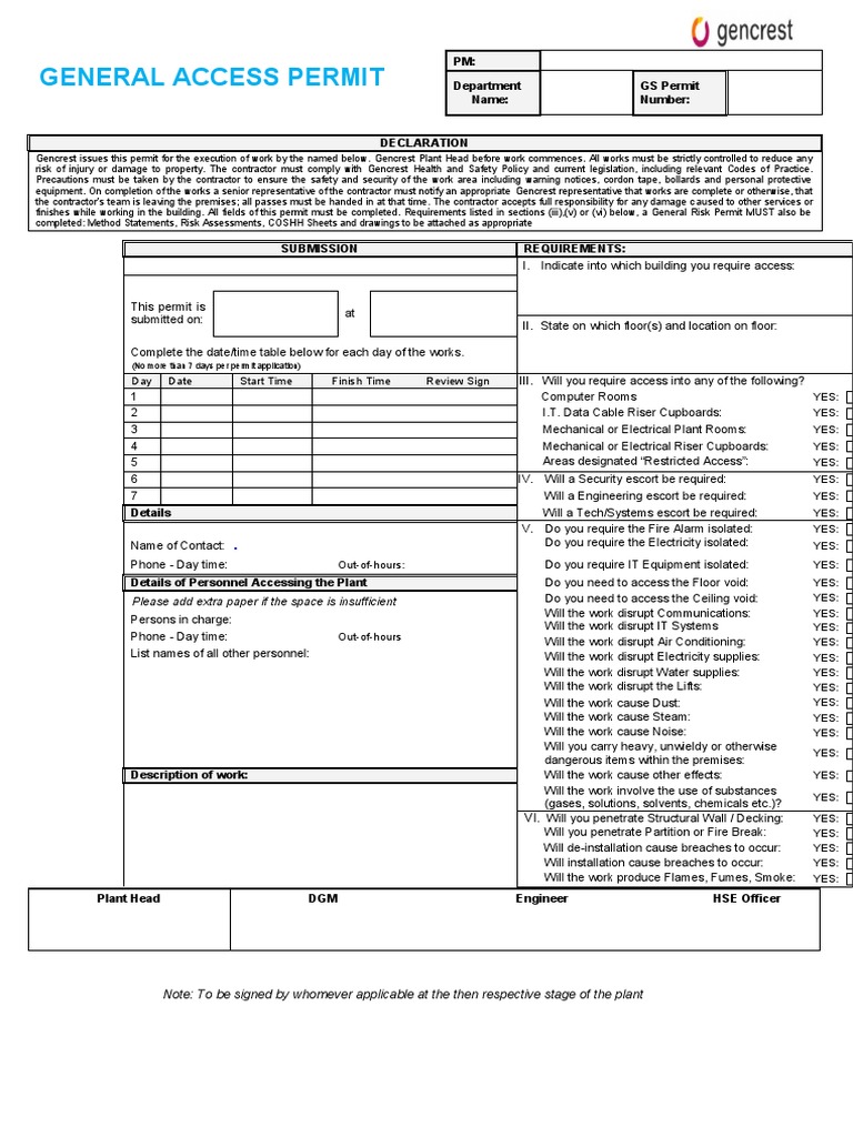 A1. General Access Permit | PDF | Safety | Occupational Safety And Health