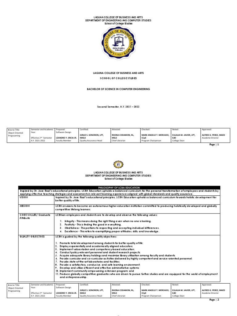 Cpe 103l (Object Oriented Programming) Course Plan | PDF | Engineering | Object Oriented Programming