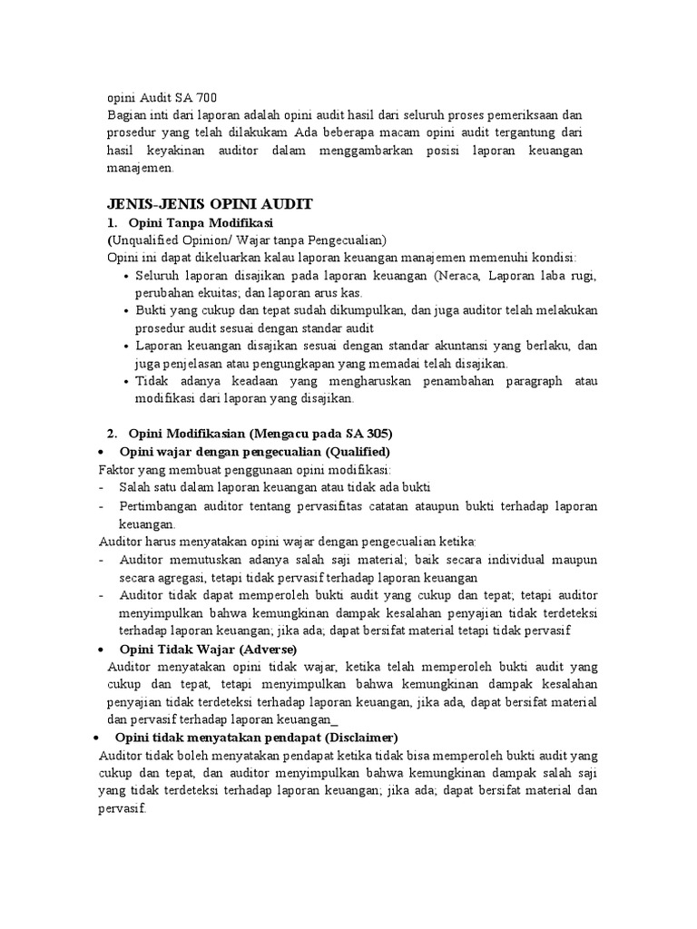 Jenis-Jenis Opini Audit: 1. Opini Tanpa Modifikasi (Unqualified Opinion ...