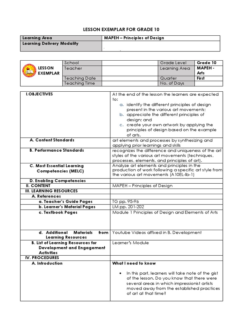 Lesson Exemplar For Grade 10principles of Design | PDF | Learning ...