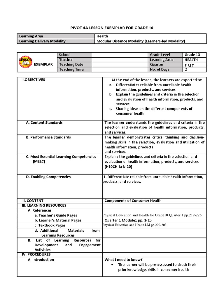 Grade 10 Health Lesson Plan Overview | PDF | Learning | Physician