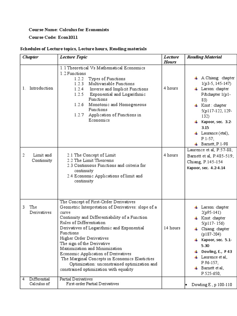 Calculus for Economists Course Overview | PDF | Integral | Derivative