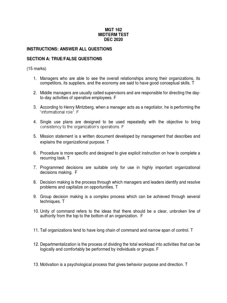 MGT 162 Midterm Test DEC 2020 Instructions: Answer All Questions ...