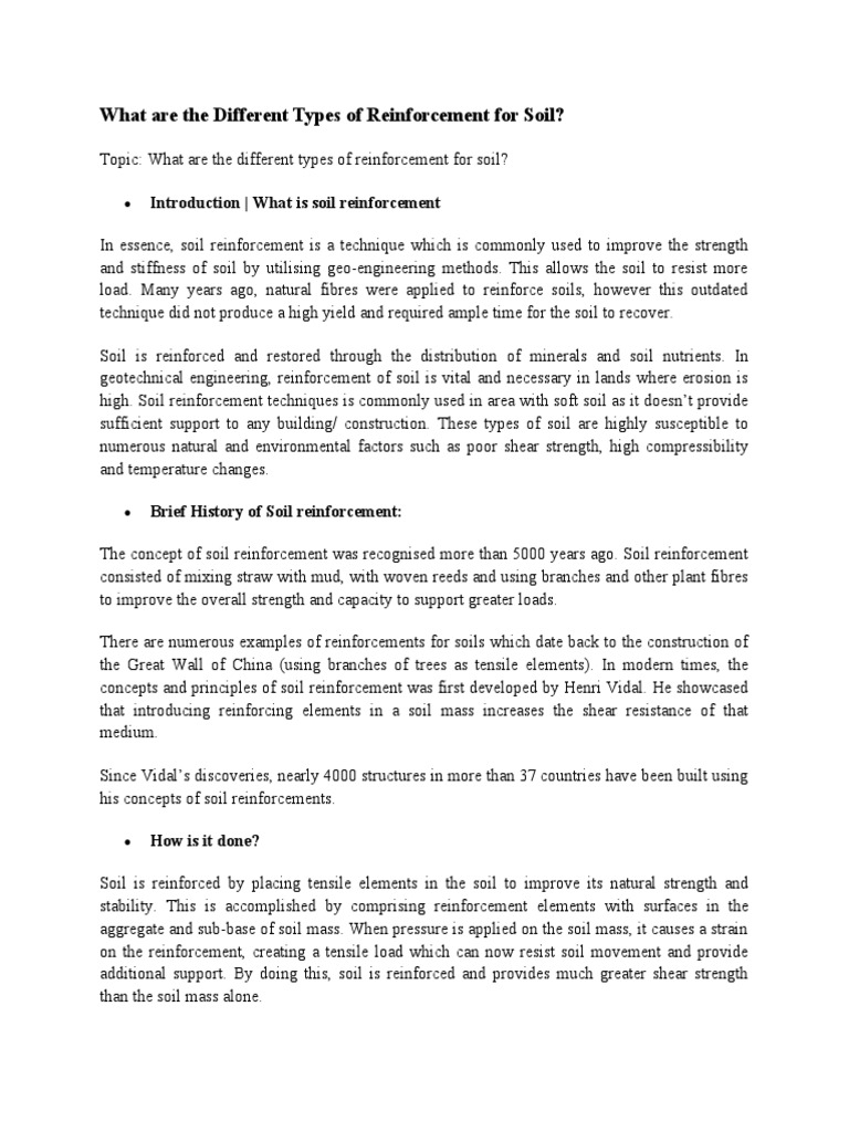Reinforcement For Soil | PDF | Soil | Geotechnical Engineering Reinforcement For Soil | PDF | Soil | Geotechnical Engineering