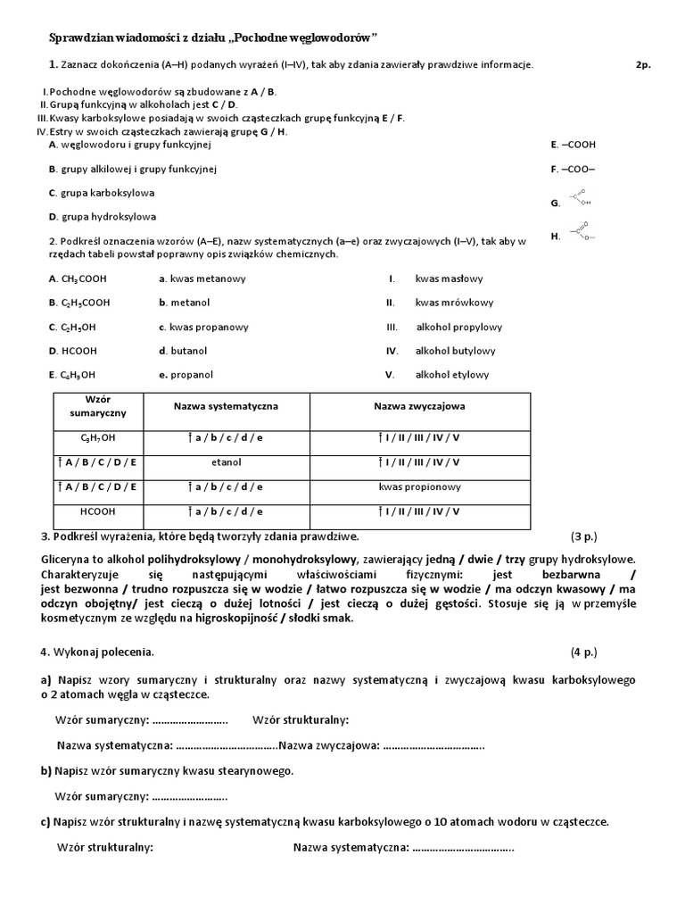 Sprawdzian Pochodne Węglowodorów | PDF