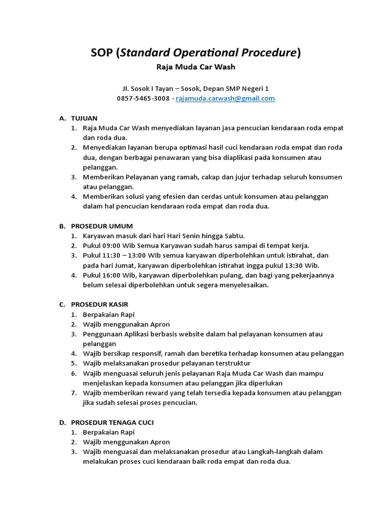 SOP Raja Muda Car Wash | PDF