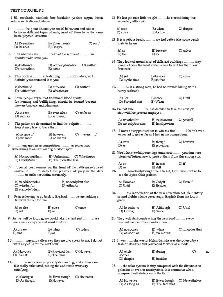 Conjunctions Transitions Test 2 | PDF