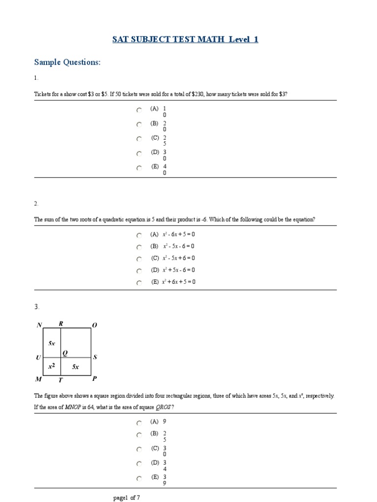 Sample Questions:: Sat Subject Test Math Level 1 | PDF | Rectangle ...