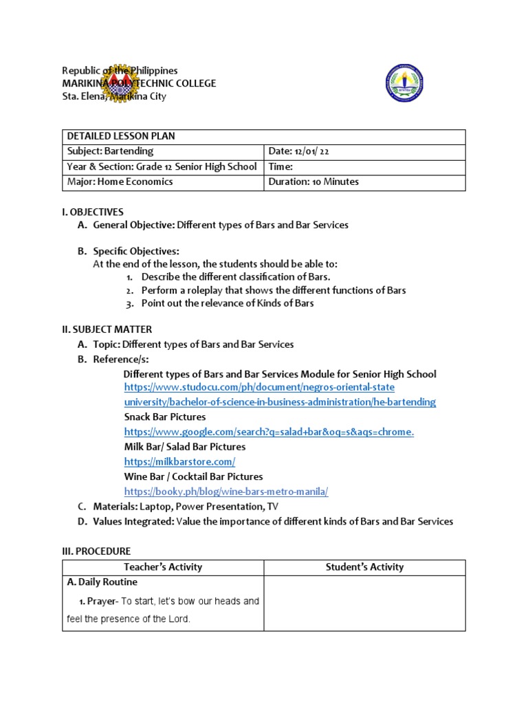 Types of Bars and Services Lesson Plan | PDF | Teachers | Learning