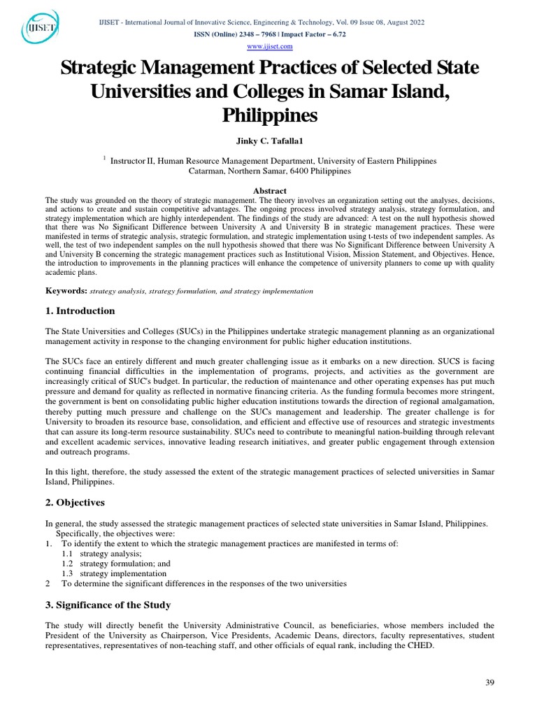 Strategic Management Practices of Selected State Universities and Colleges in Samar Island ...