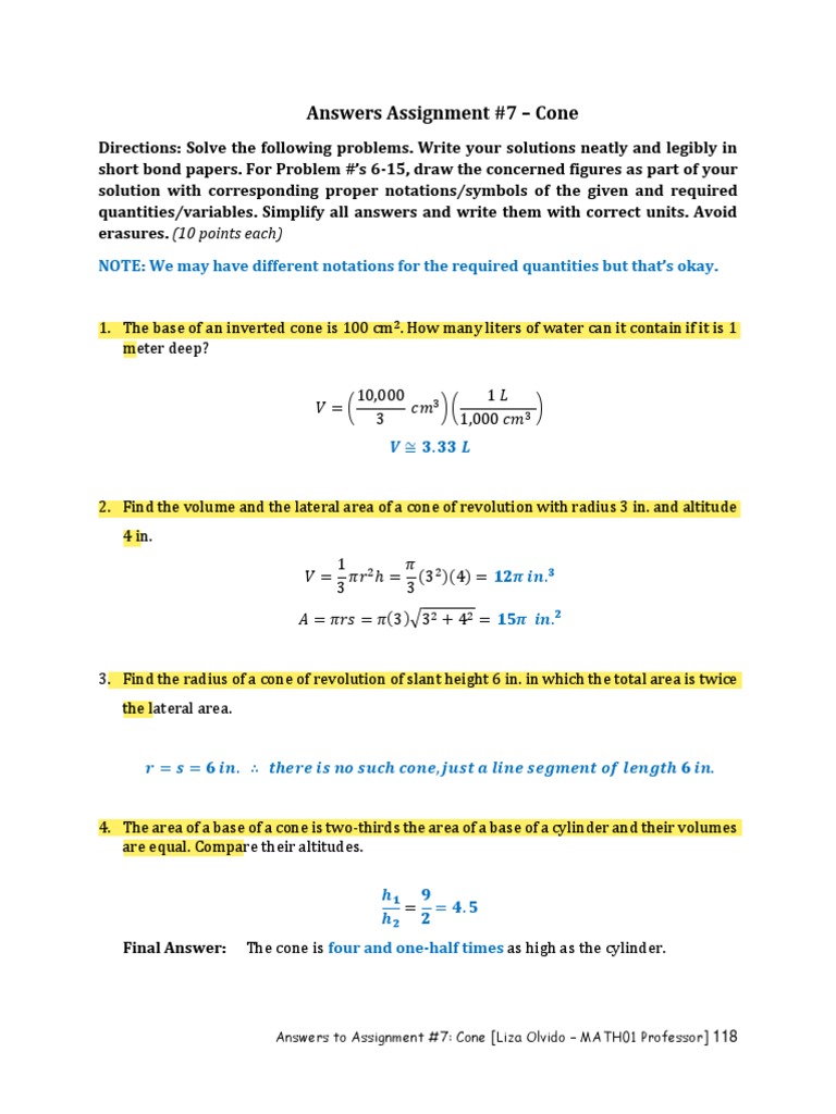 MATH01 Answers Assignment7 Cone | PDF | Area | Elementary Mathematics