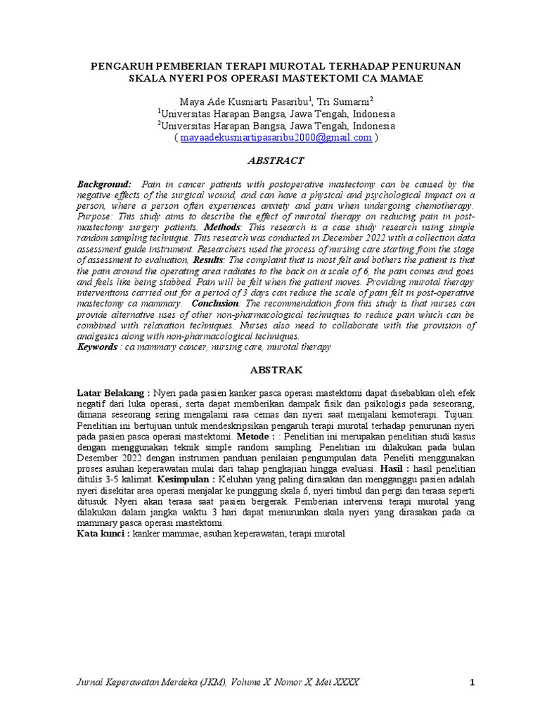 Pengaruh Pemberian Terapi Murotal Terhadap Penurunan Skala Nyeri Pos Operasi Mastektomi CA Mamae ...