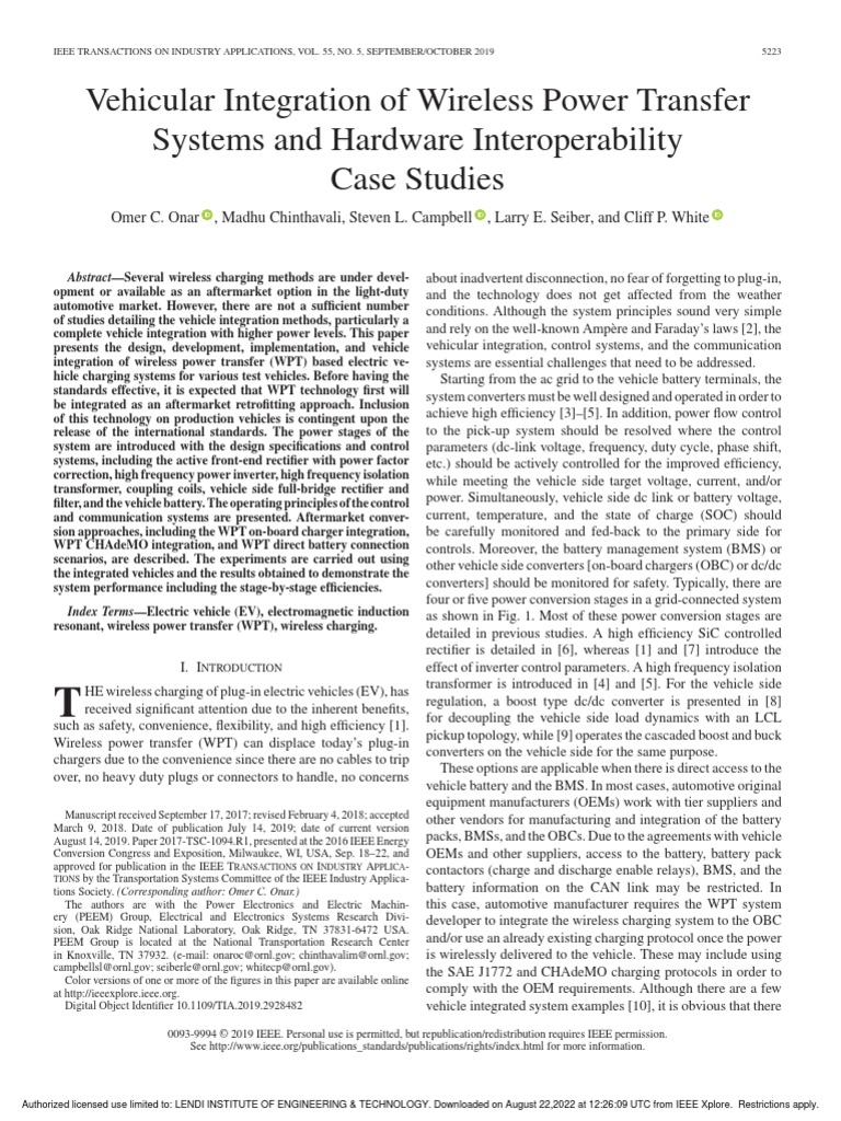 Vehicular Integration of Wireless Power Transfer Systems and Hardware Interoperability Case ...