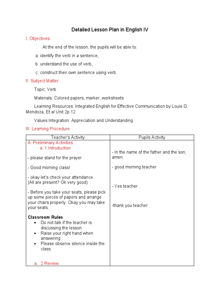 Detailed Lesson Plan on Verbs | PDF | Teachers | English Language