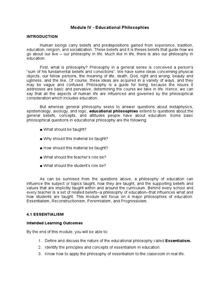 Module-IV.-EDUCATIONAL-PHILOSOPHIES-REVISED-2-1 | PDF | Philosophy Of Education | Teachers