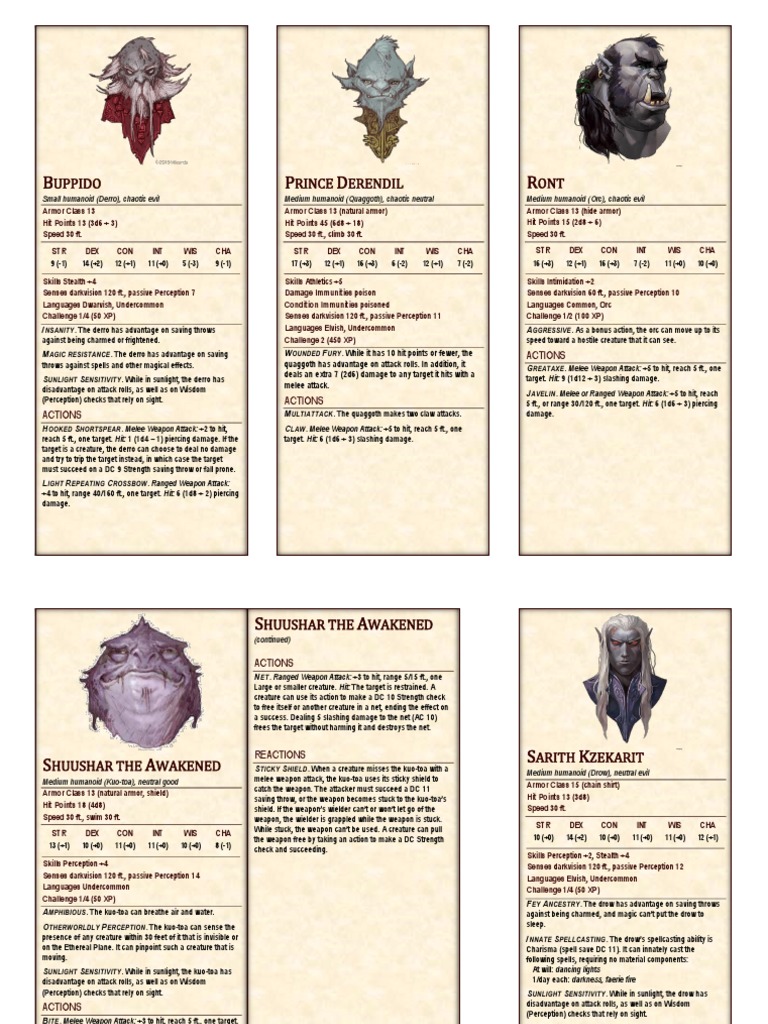 5E NPC Stat Blocks for Out of the Abyss | PDF