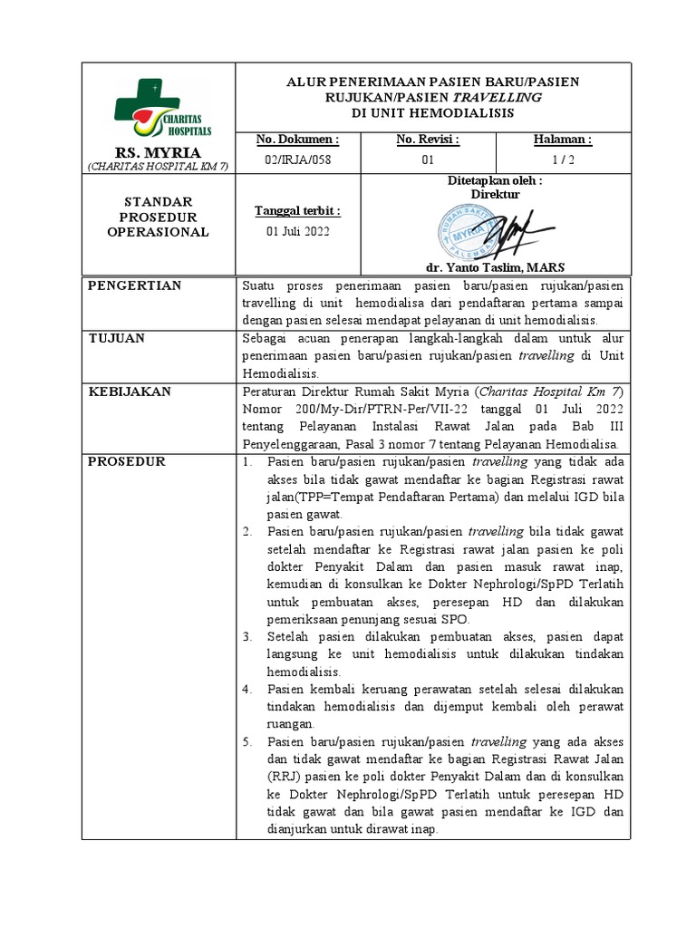 Spo Alur Penerimaan Pasien Barupasien Rujukanpasien Travelling | PDF