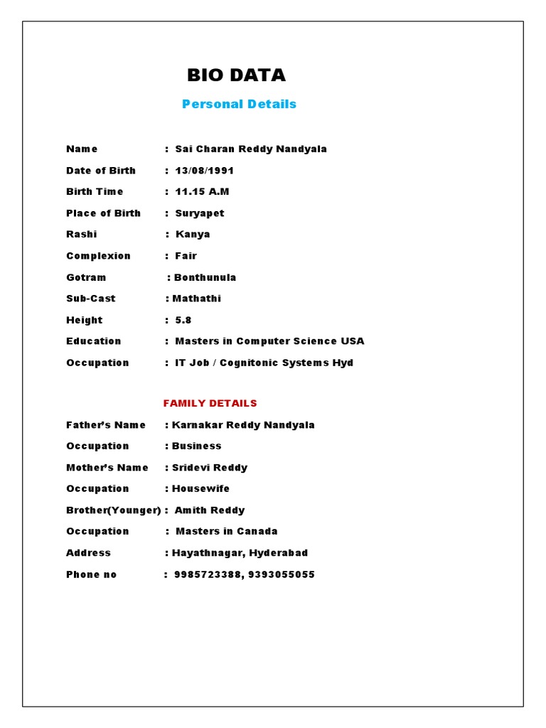Bio Data: Personal Details | PDF | Computers