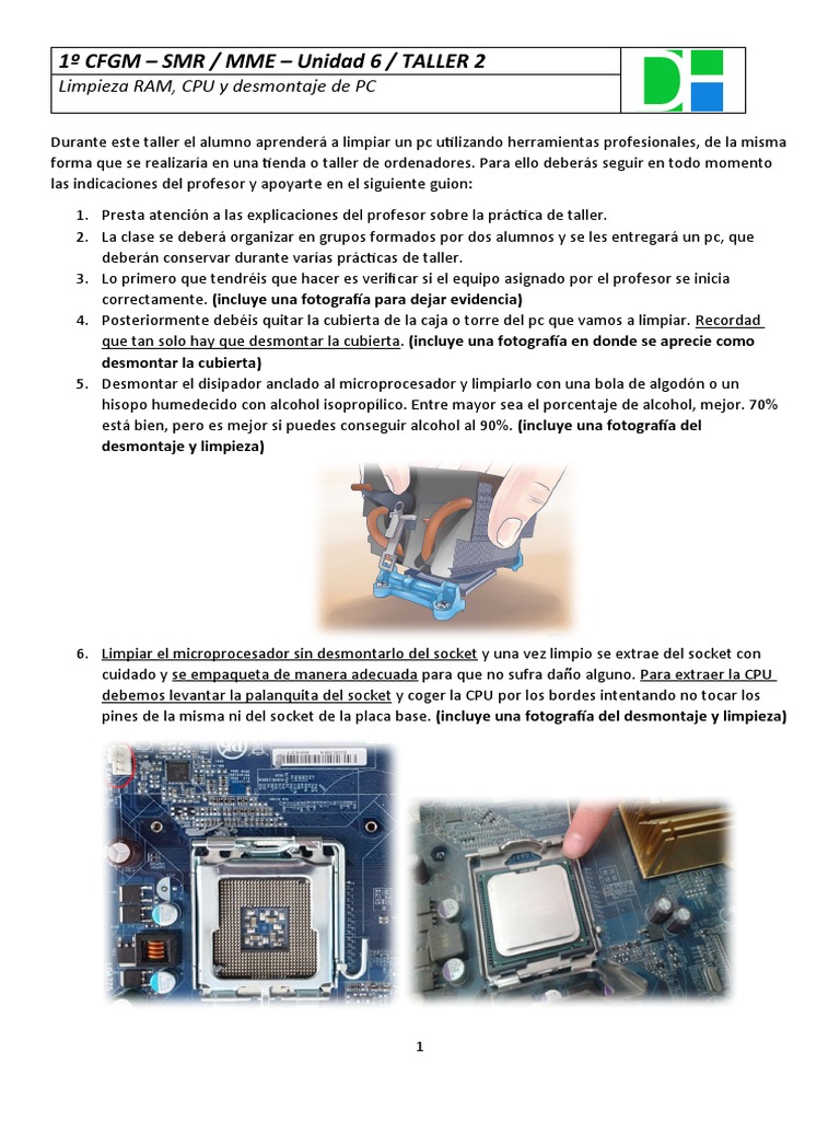 U6 - Taller - 2. Limpieza RAM - CPU y Desmontaje de PC | PDF | Ingenieria Eléctrica | Tecnología ...
