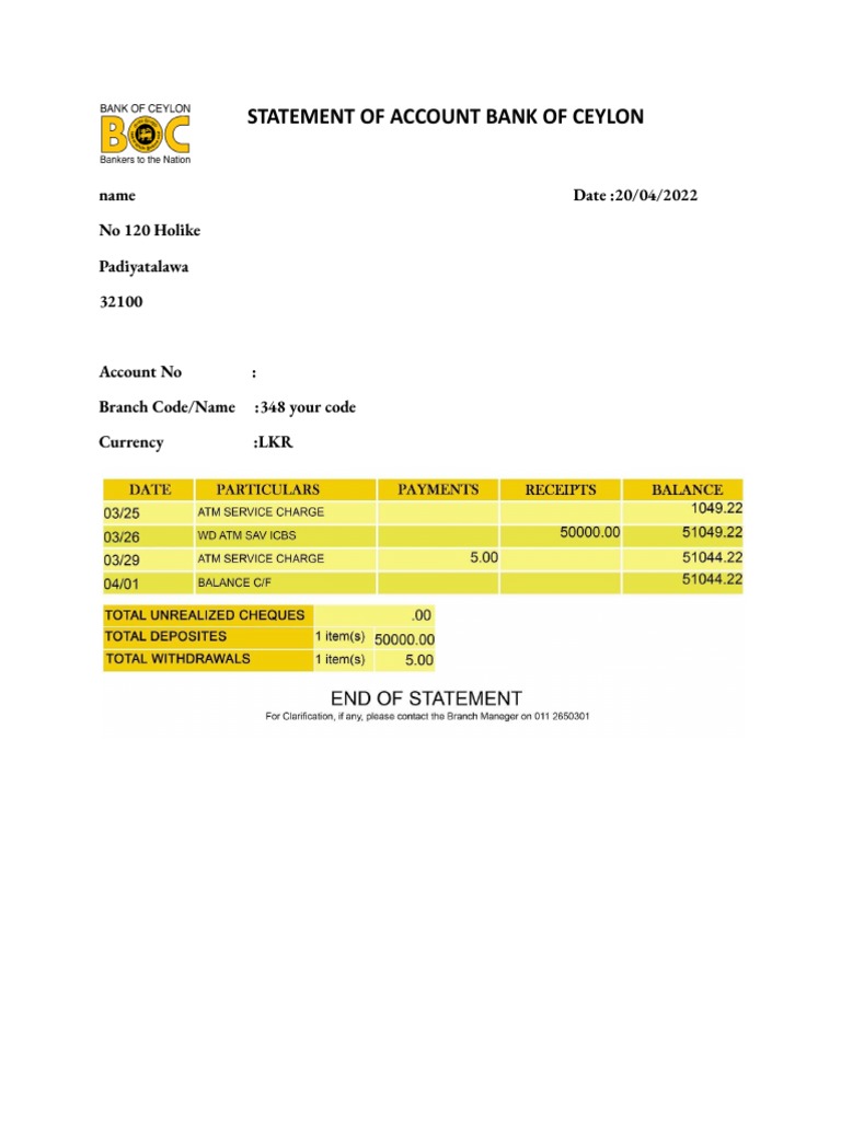 Statement of Account Bank of Ceylon | PDF