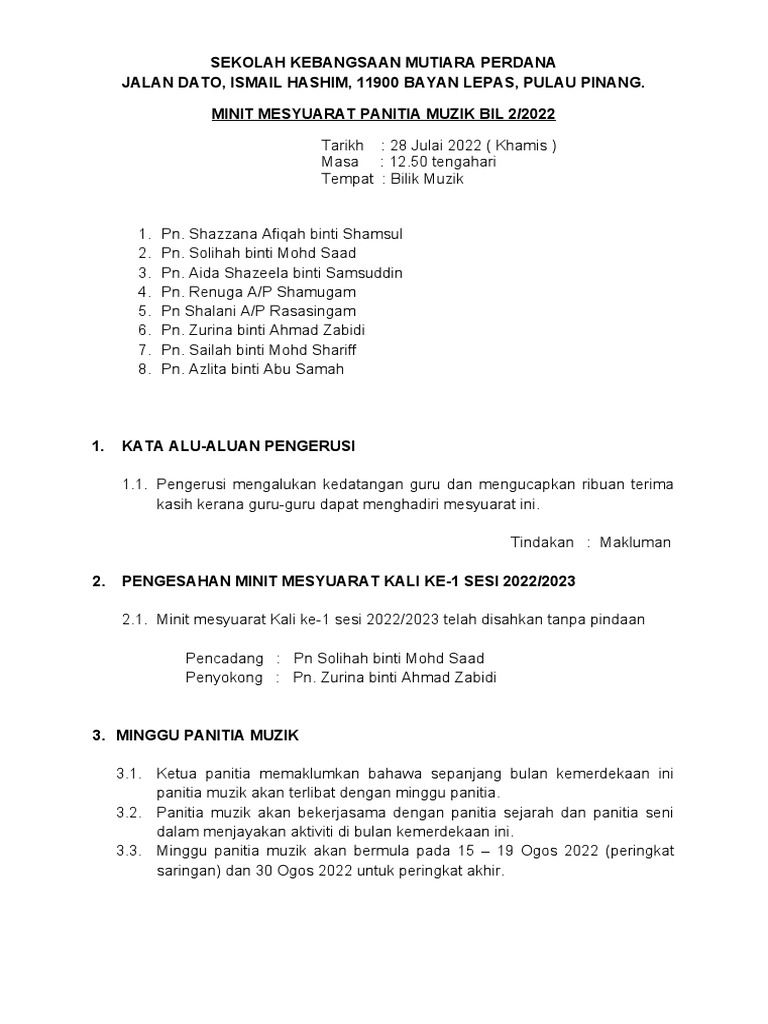 Minit Mesyuarat Mz Bil 2 2022 | PDF