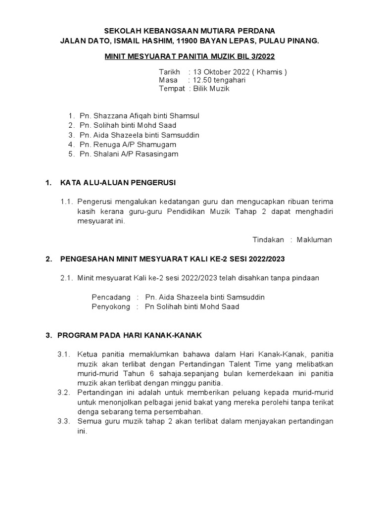 Minit Mesyuarat MZ Bil 3 2022 | PDF