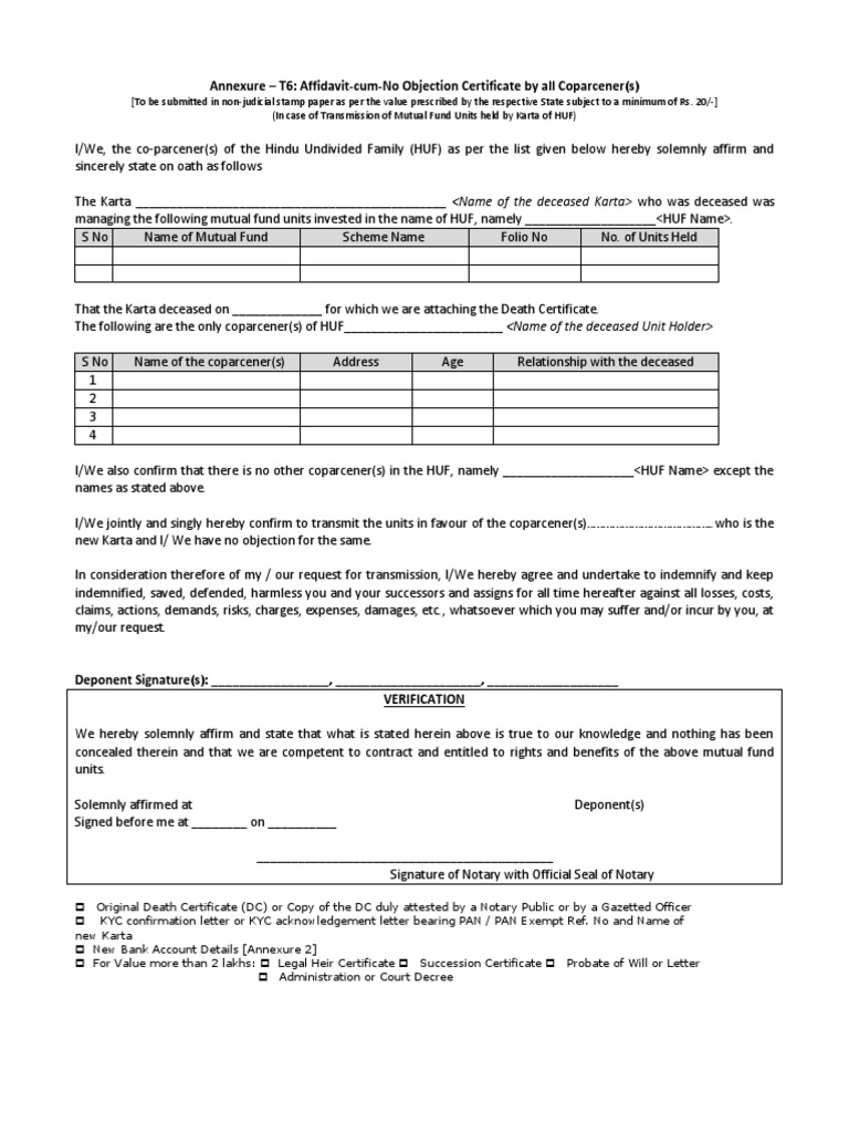 Annexure t6 Affidavit Cum No Objection Certificate by All Coparcener(s) | PDF | Notary Public ...