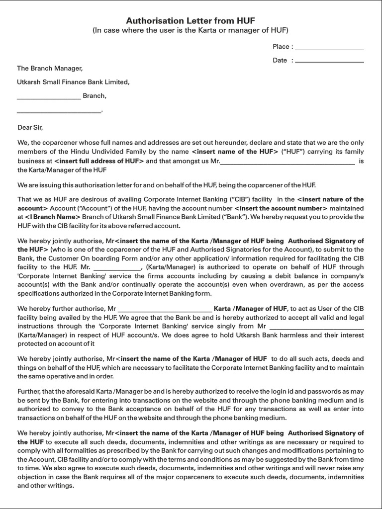HUF Authorisation Letter for CIB | PDF | Law