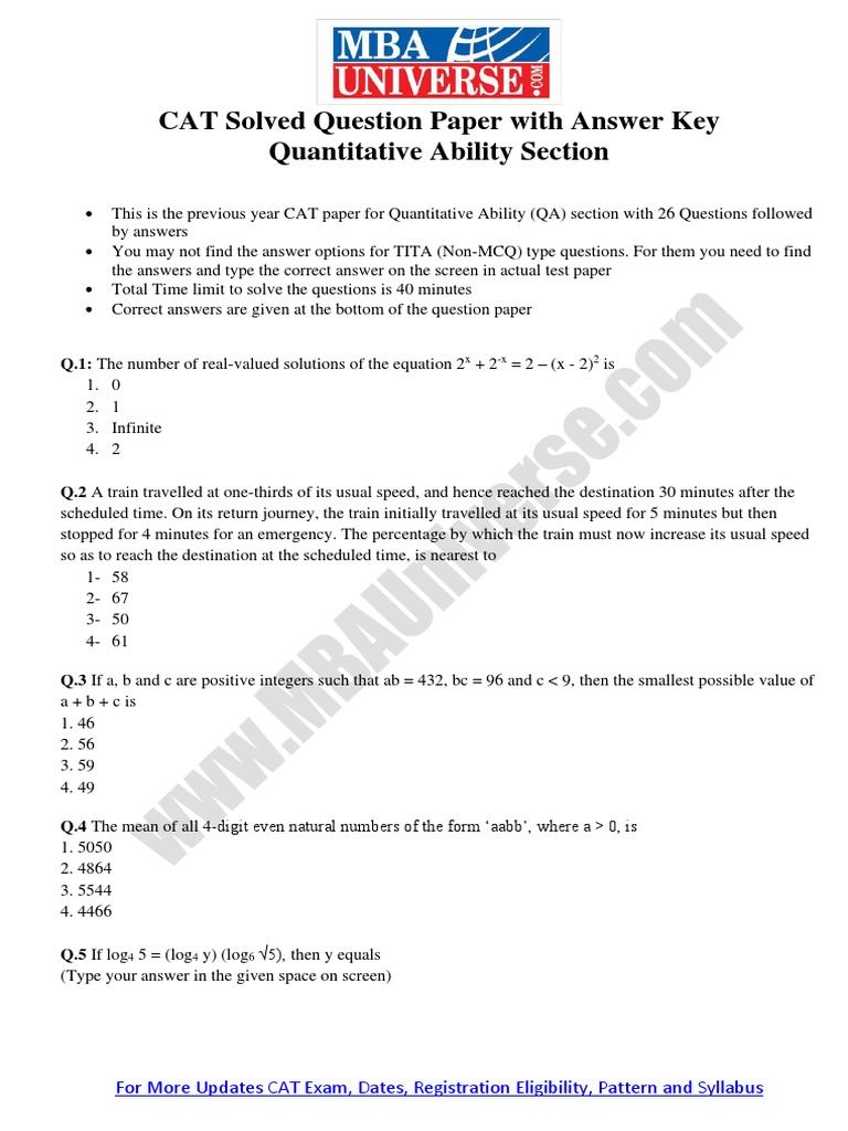CAT Solved Question Paper With Answer Key Quantitative Ability Section ...