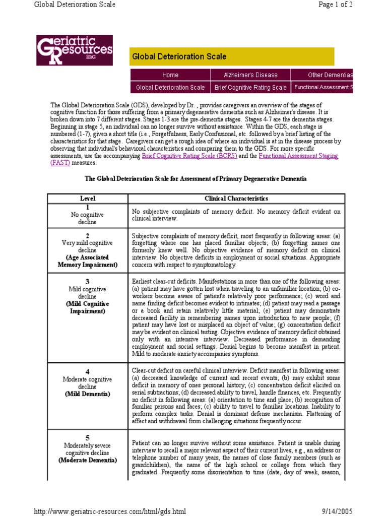 Global Deterioration Scale | PDF | Dementia | Memory