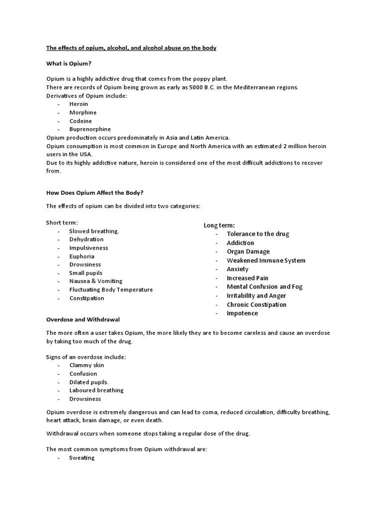 The Effects of Opium Alcohol and Alcohol Abuse On The Body Handout ...