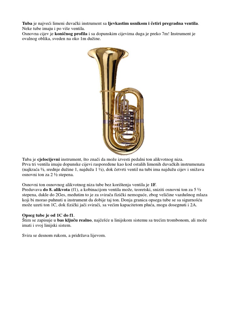Tuba Je Najveći Limeni Duvački Instrument Sa Ljevkastim Usnikom I ...