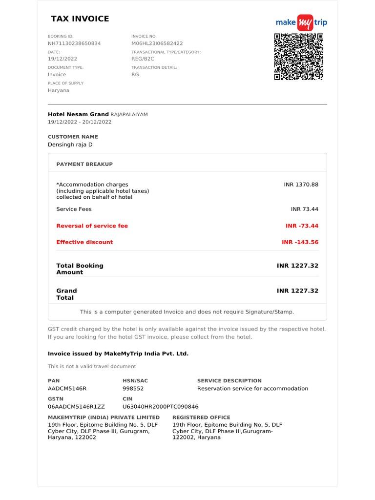 Tax Invoice: Hotel Nesam Grand | PDF