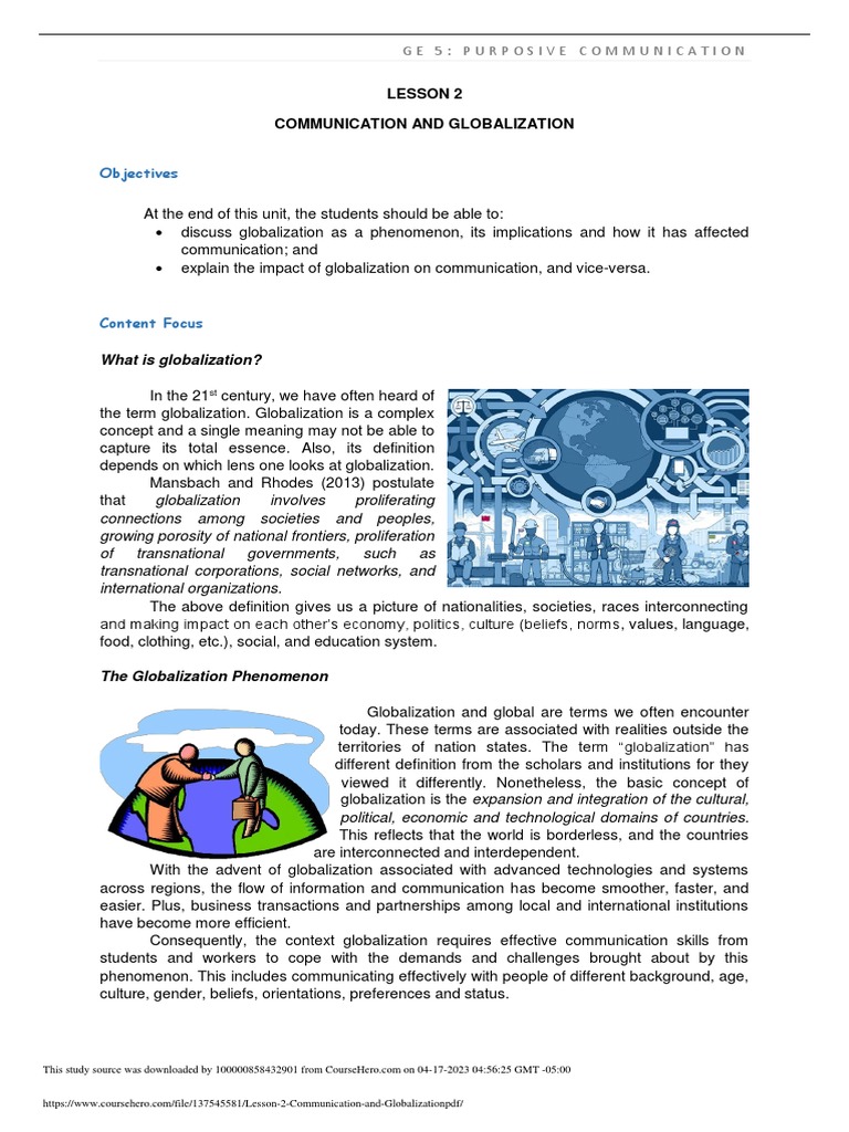 Lesson 2 Communication and Globalization PDF | PDF | Communication | Globalization