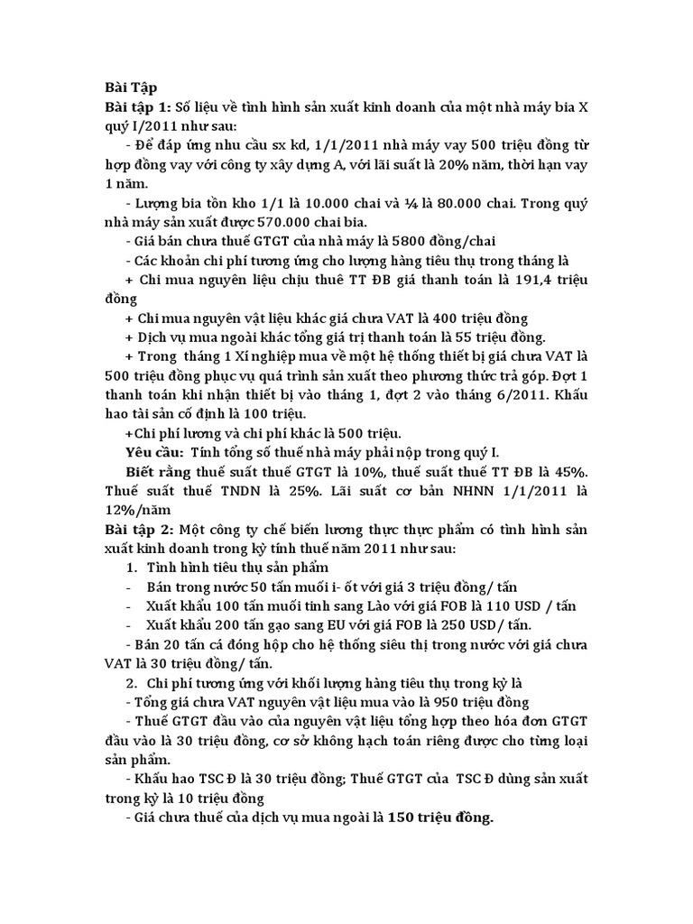 Bai Tap Thue Thu Nhap Doanh Nghiep | PDF