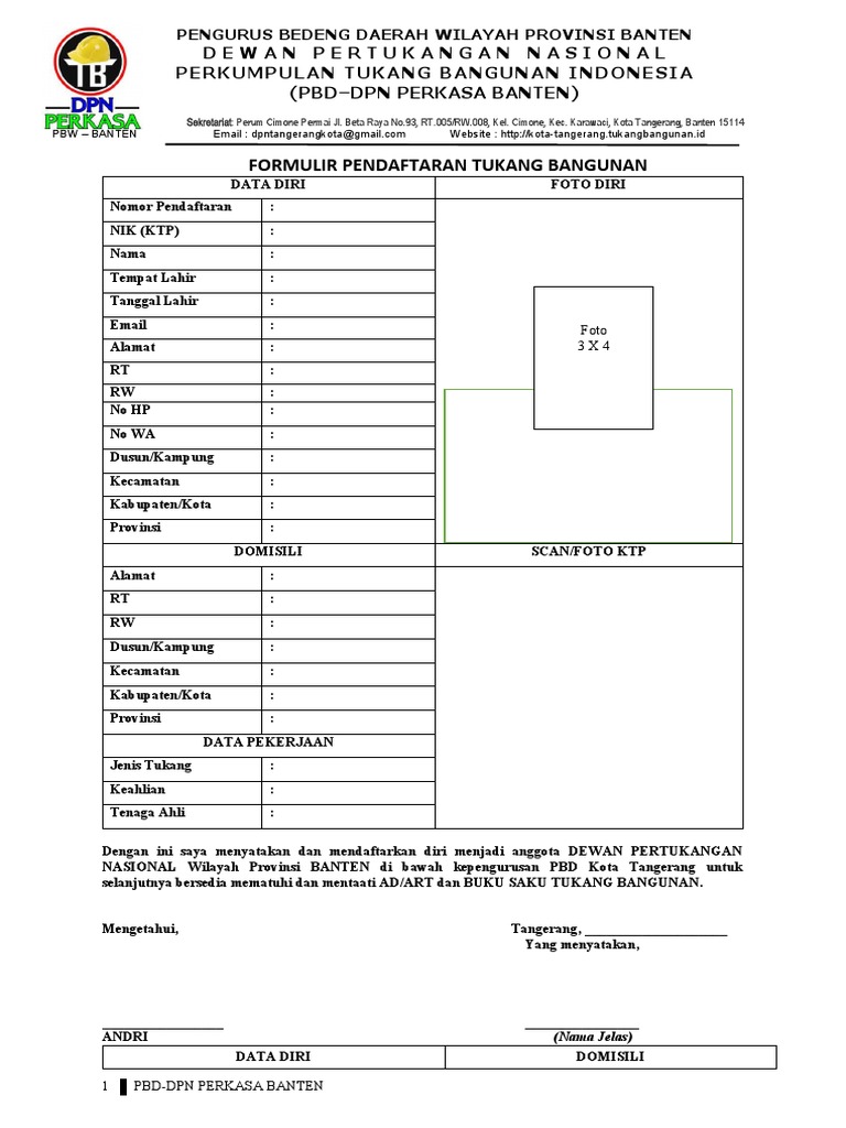 Form Pendaftaran Tukang | PDF
