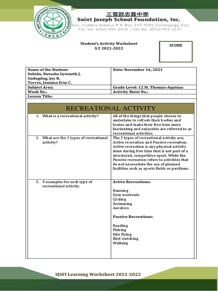 PEH 122 Assignment WS 1 | PDF | Recreation