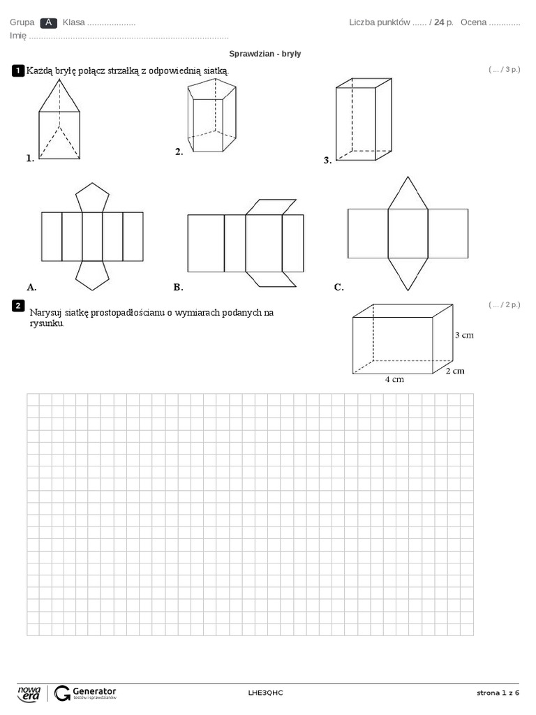 Sprawdzian - bryły Test - klasa 5 | PDF