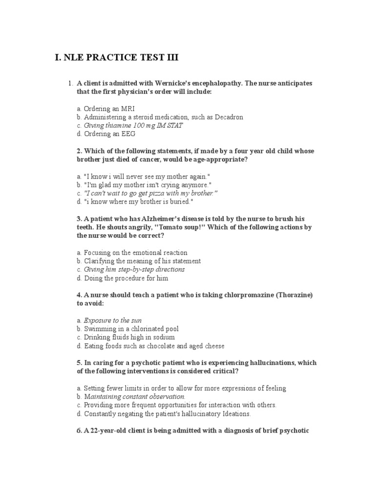 Nle Practice Test III | PDF | Schizophrenia | Bulimia Nervosa