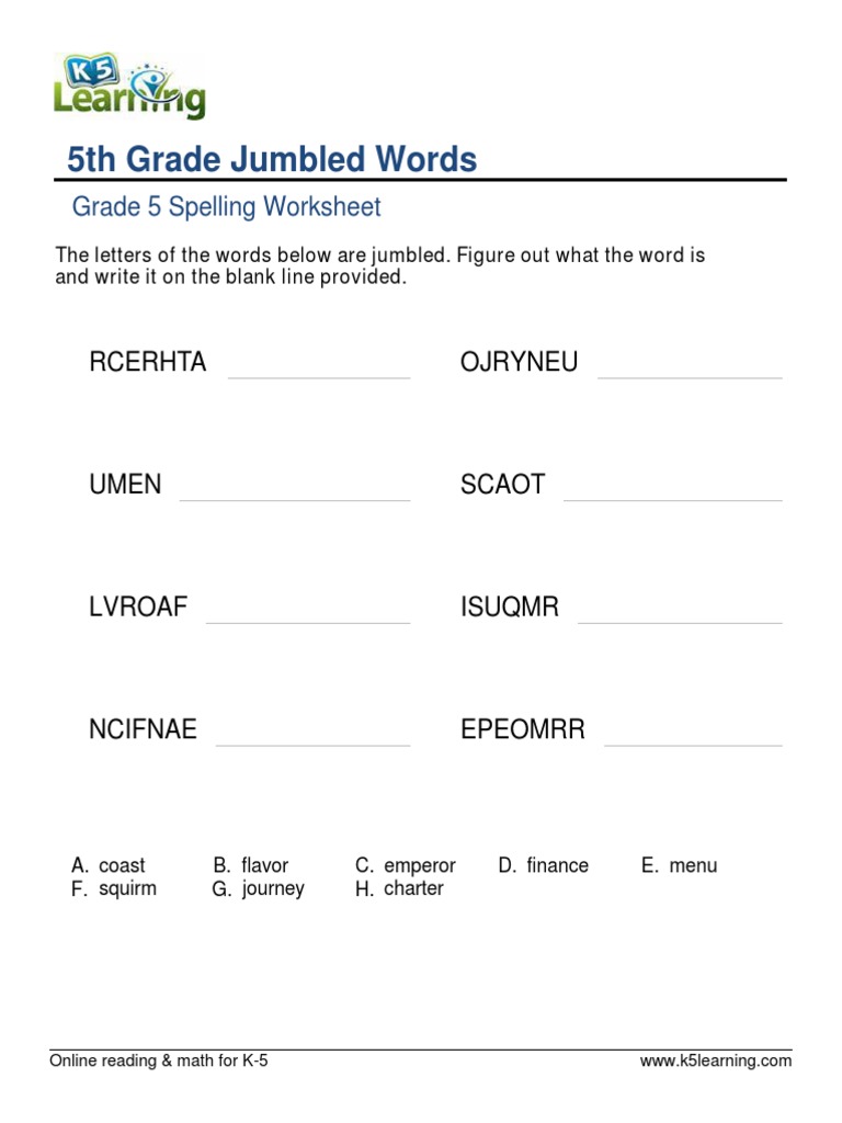 5th Grade Jumbled Words Worksheet | PDF