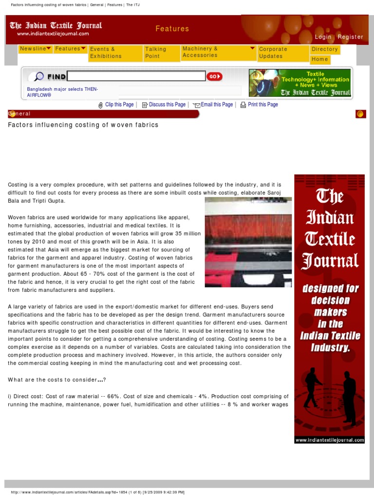 Factors Influencing Costing of Woven Fabrics - General - Features - The ITJ | PDF | Yarn | Weaving