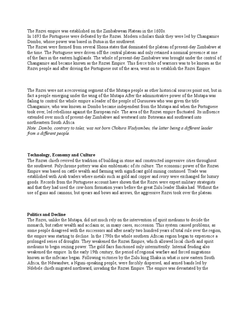 The Rozvi Empire Was Established On The Zimbabwean Plateau in The 1600s ...