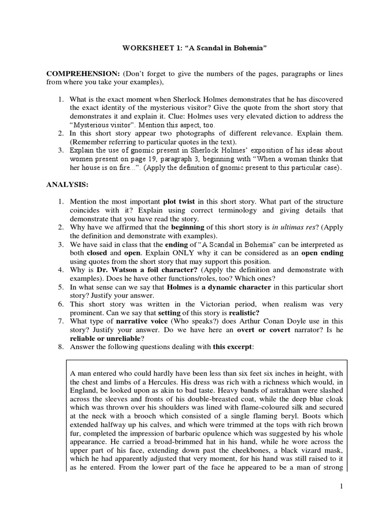 WORKSHEET 1: "A Scandal in Bohemia" | PDF | A Scandal In Bohemia ...