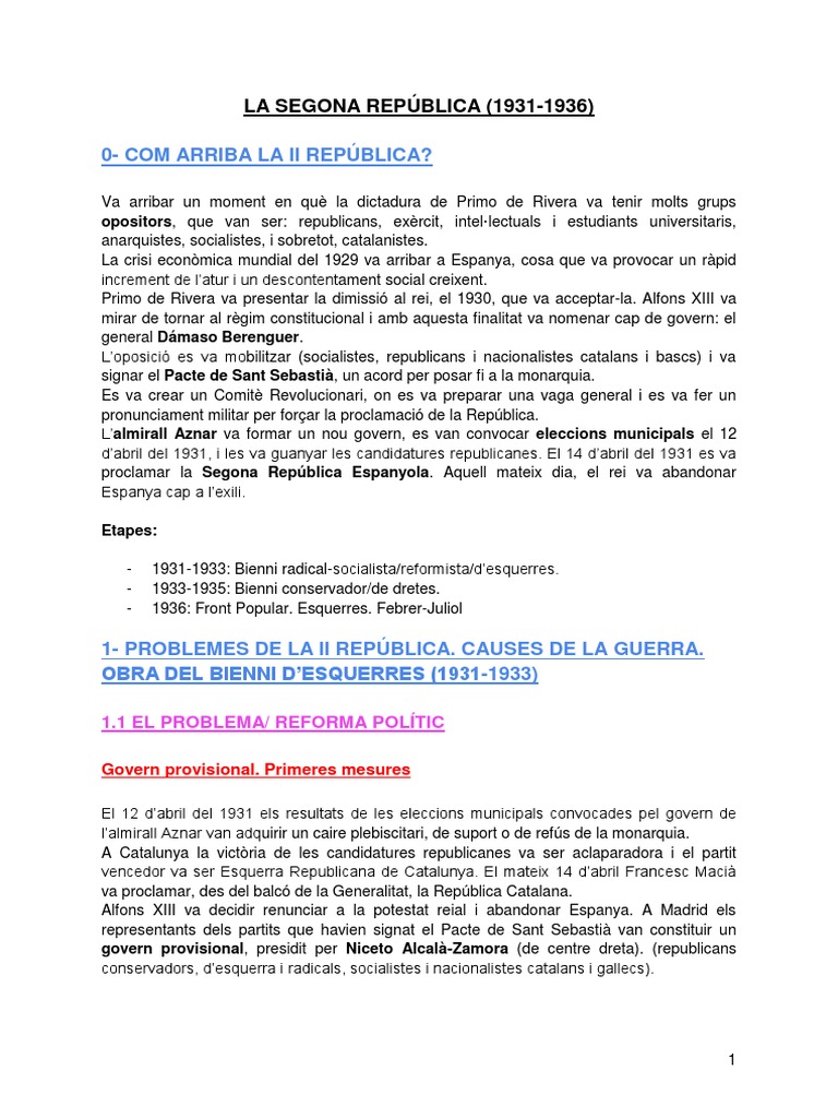 La Segona República (1931-1936) | PDF