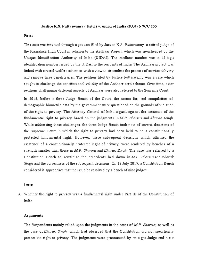 Justice K.S. Puttaswamy (Retd) v. Union of India (2004) 6 SCC 235 | PDF ...