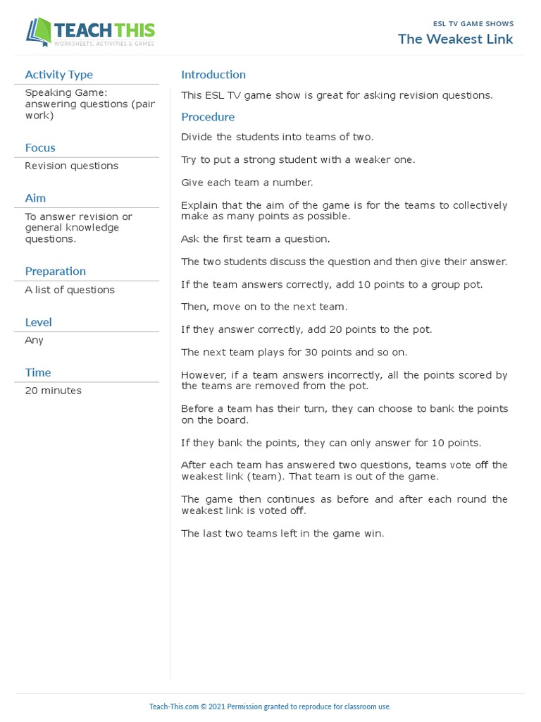 The-Weakest-Link ESL Game | PDF | Learning