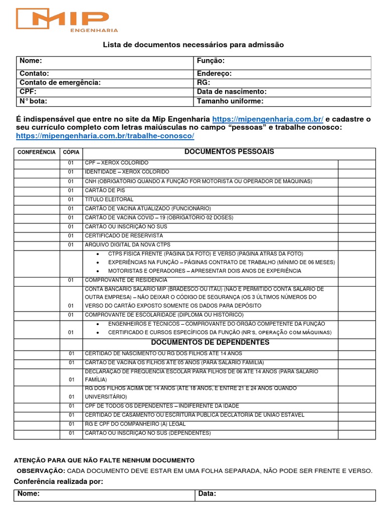 CHECK LIST ADMISSIONAL | PDF