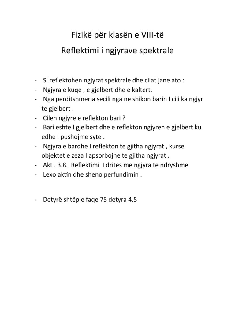 Fizikë Për Klasën e VIII-të Reflektimi I Ngjyrave Spektrale | PDF
