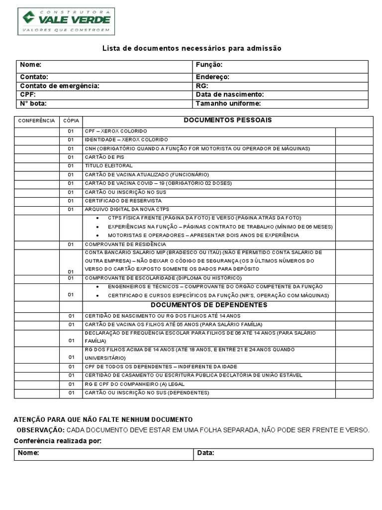 CHECK LIST ADMISSIONAL CVV | PDF