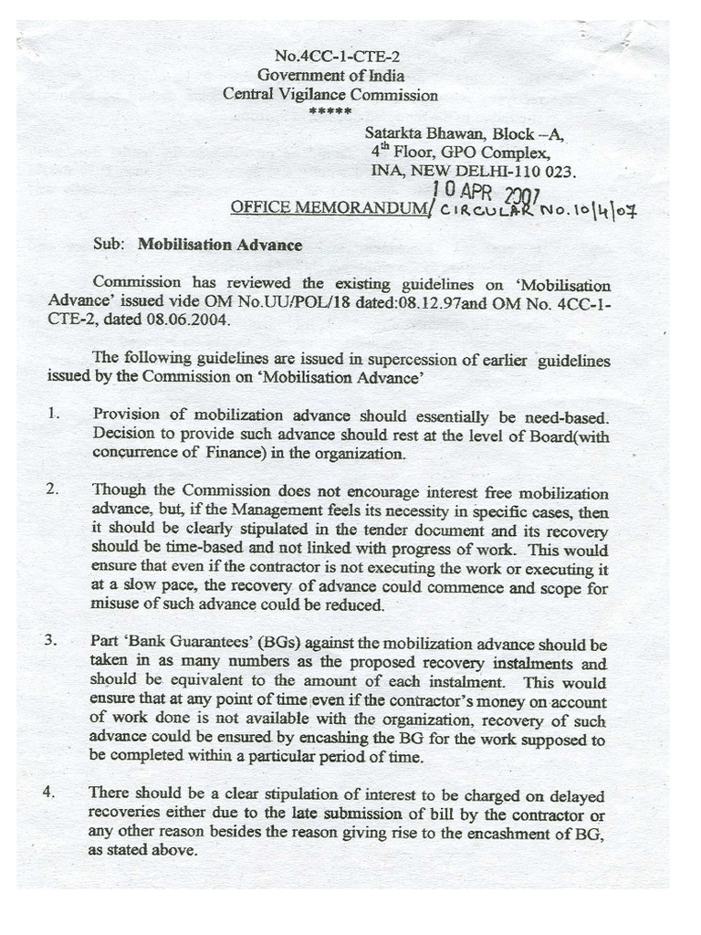 CVC Circular No. 10-4-07 (4CC-1-CTE-2) Dated 10.04.2007 | PDF